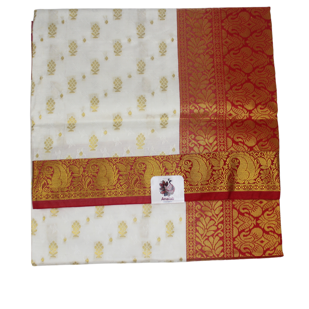 Elegant White Silk Saree with Red and Gold Border – Traditional Indian ...