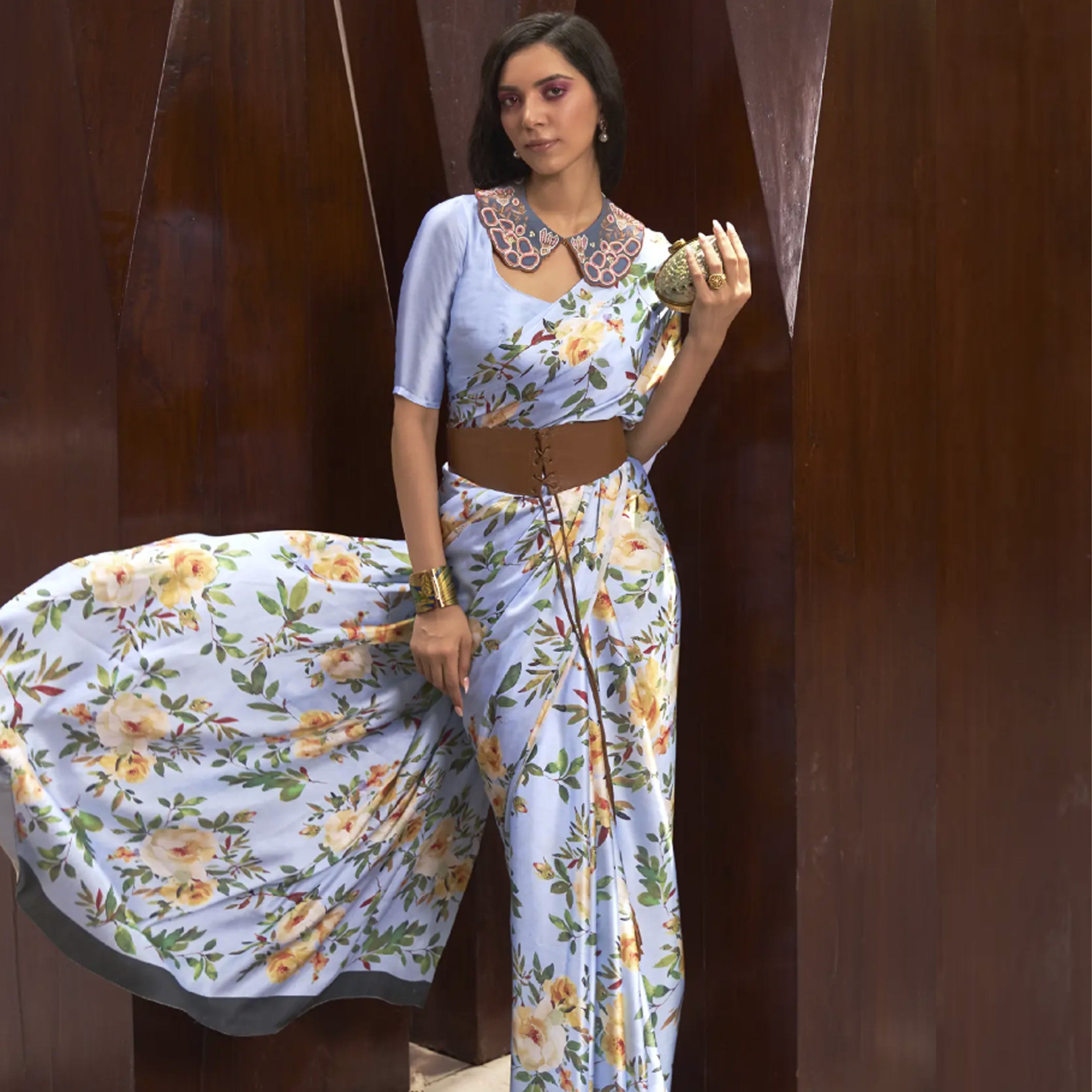 Blue Angel Digital Floral Printed Satin Crepe Saree, Party Wear Saree ...